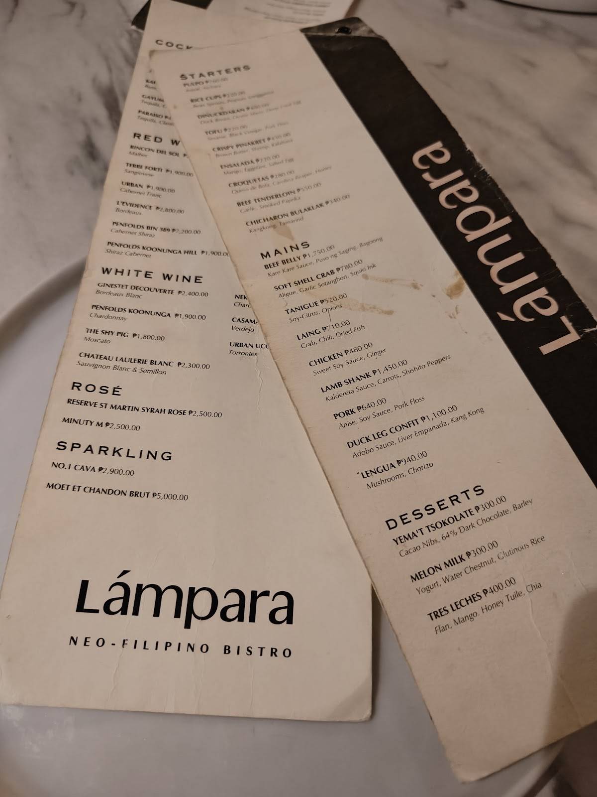 Menu at Lampara restaurant, Makati