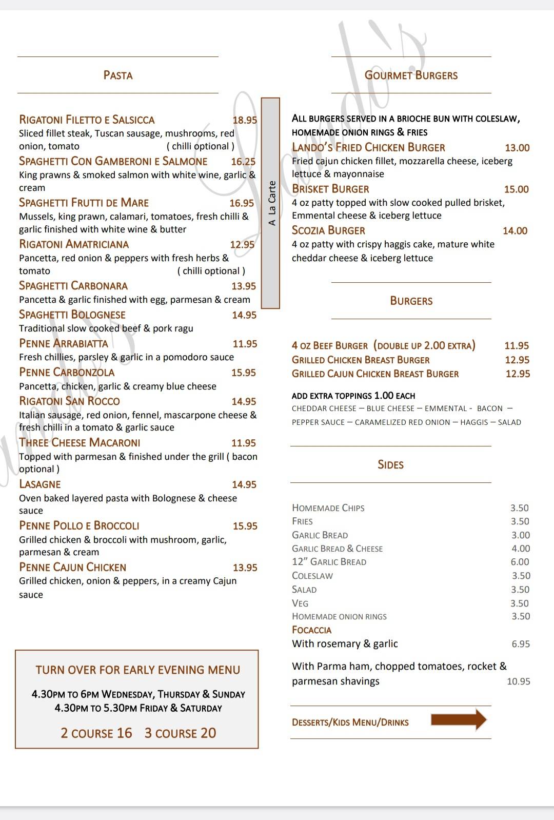 Menu at Landos Restaurant, Stranraer