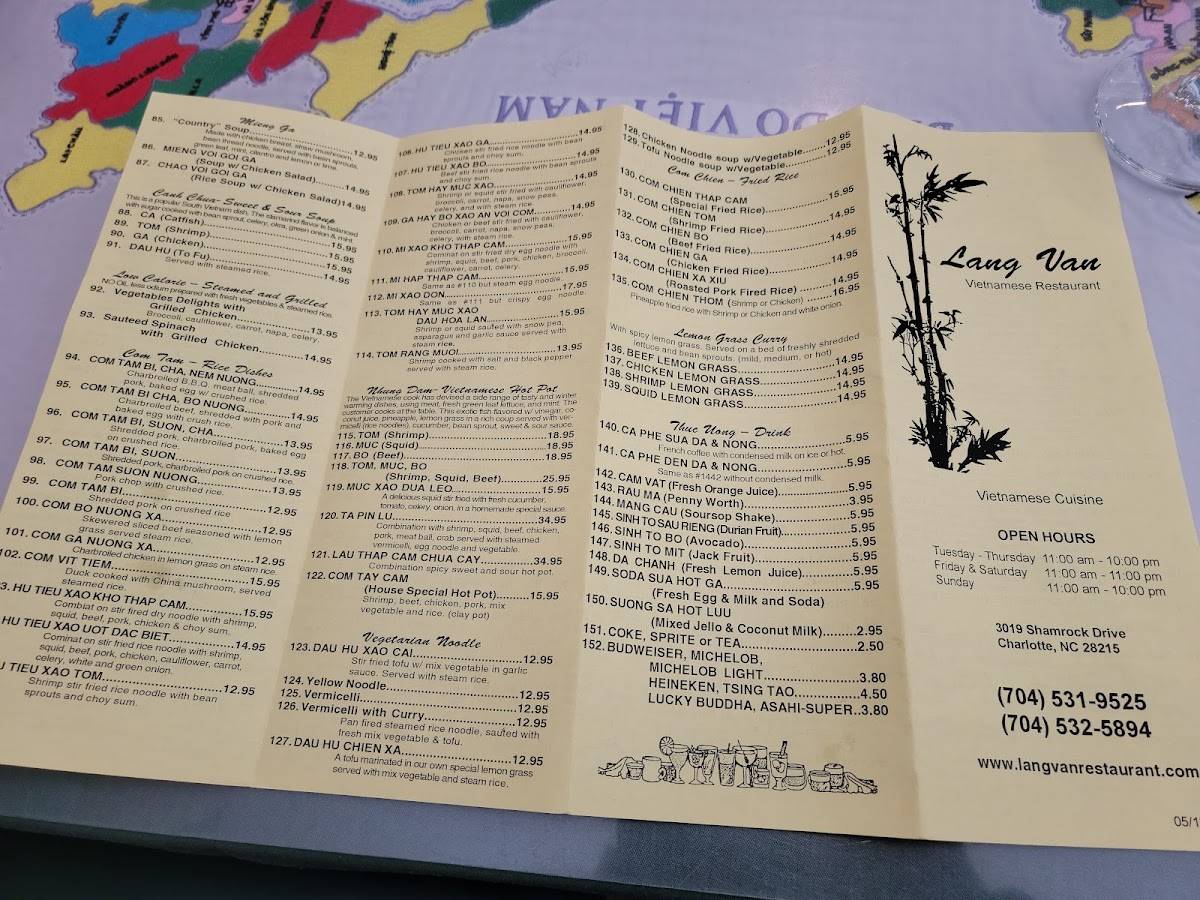 Menu at Lang Van restaurant, Charlotte