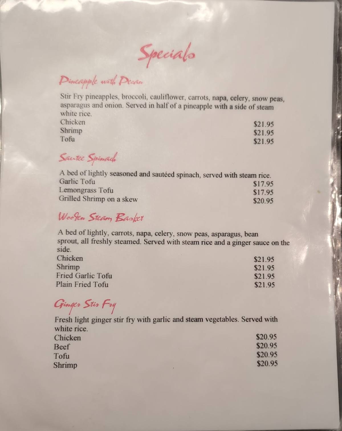 Menu at Lang Van restaurant, Charlotte
