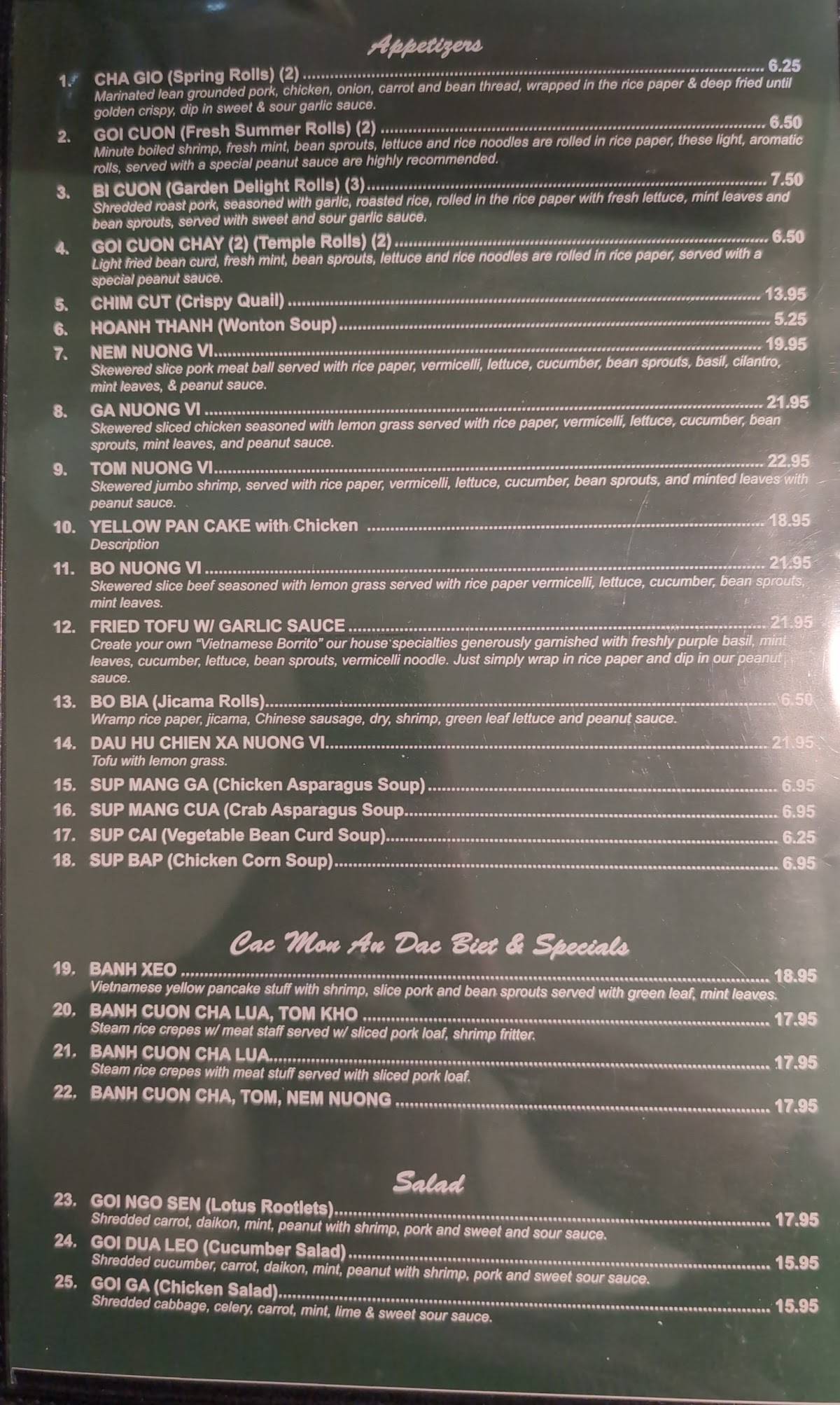 Menu at Lang Van restaurant, Charlotte