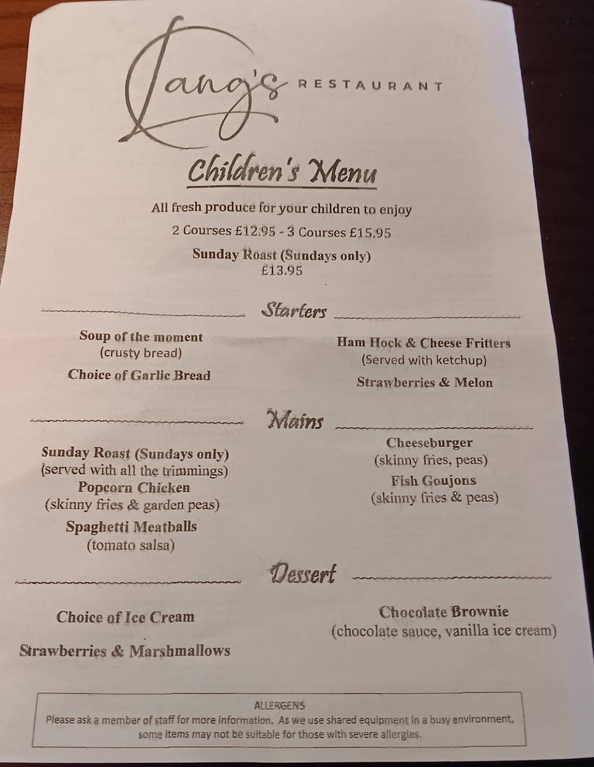 Carta de Lang's Restaurant, Preston