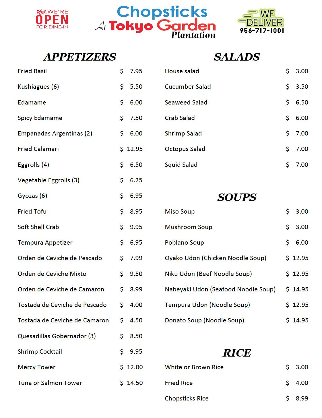 Menu at Tokyo Garden restaurant, Laredo
