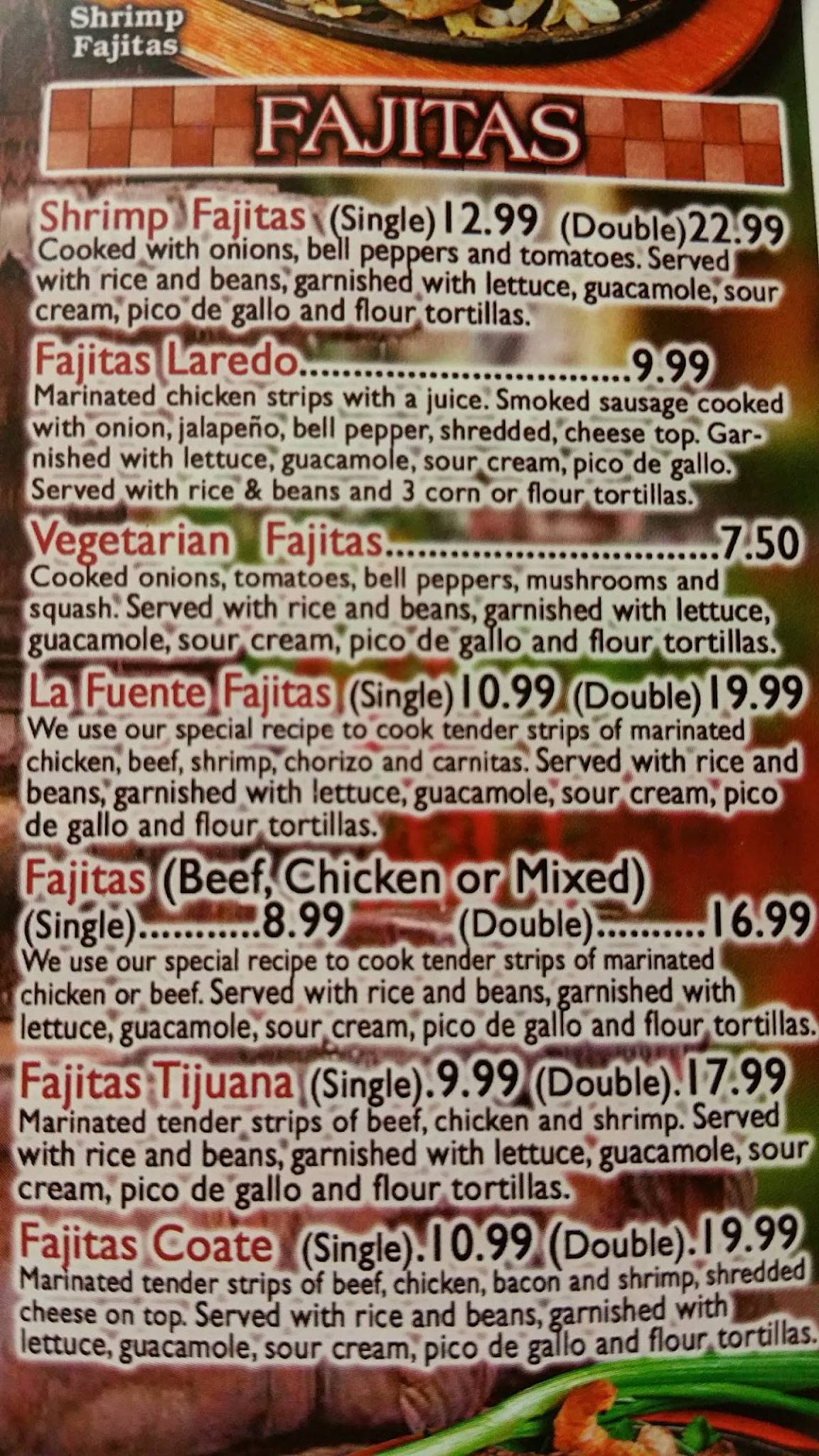 Menu at Las Fuentes Mexican Restaurant, Wagoner
