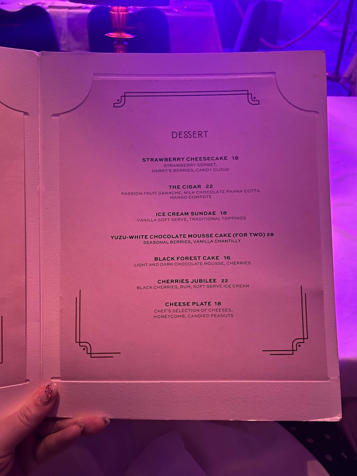 Menu at The Mayfair Supper Club, Las Vegas