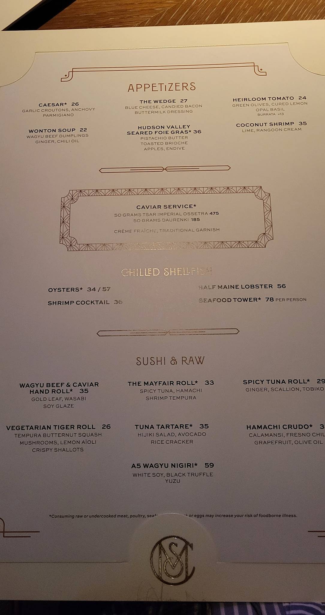 Menu at The Mayfair Supper Club, Las Vegas