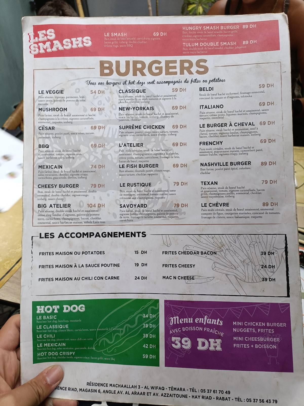 Menu au L'atelier burger restaurant, Temara