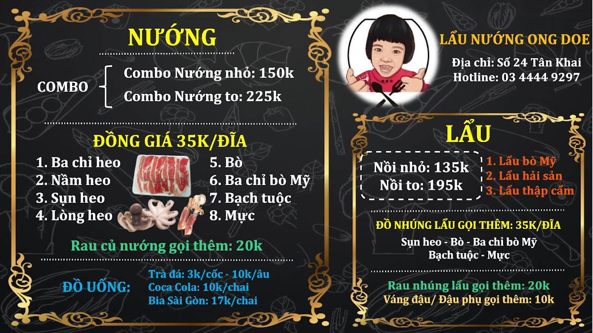 Menu at Lẩu Nướng Ong Doe restaurant, Hanoi