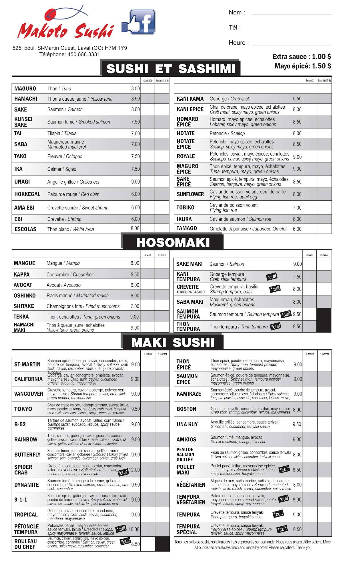 Menu au Makoto Sushi restaurant, Laval