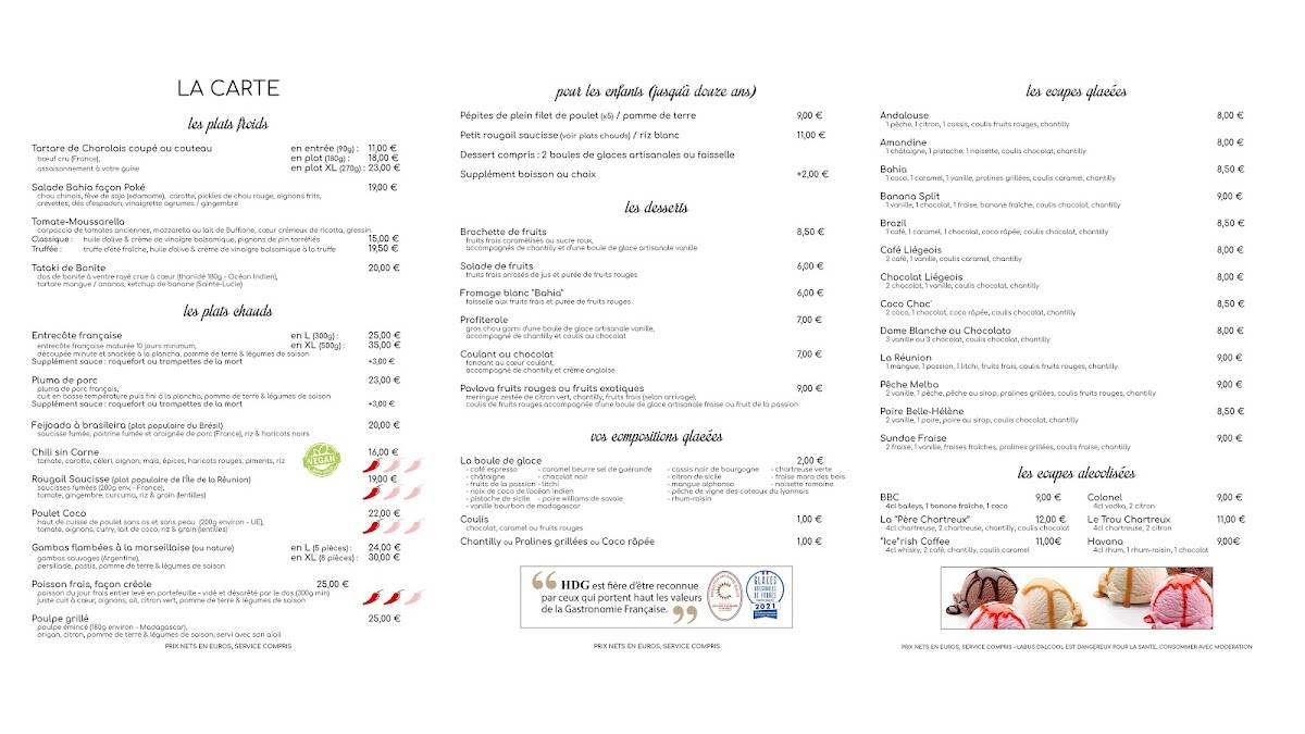 Menu au Le Bahia restaurant, Charavines