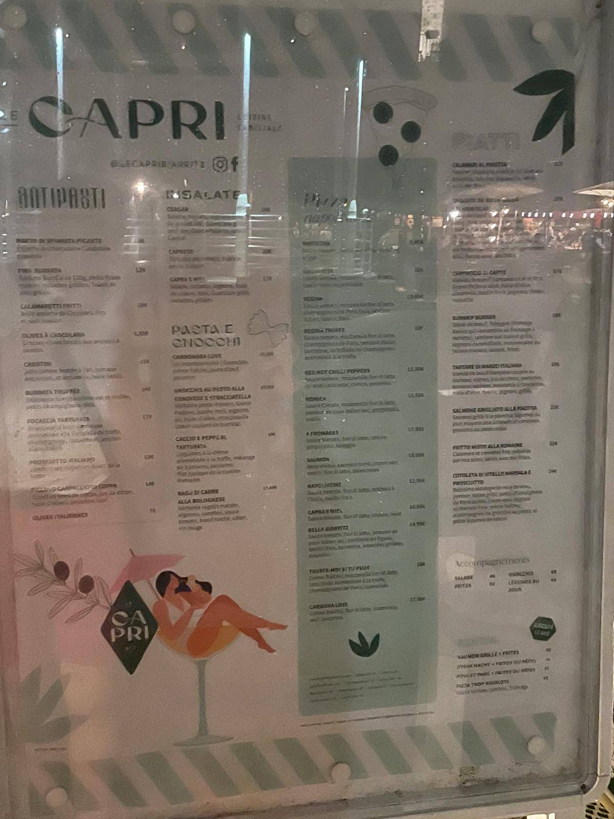 Menu at Le Capri restaurant, Biarritz