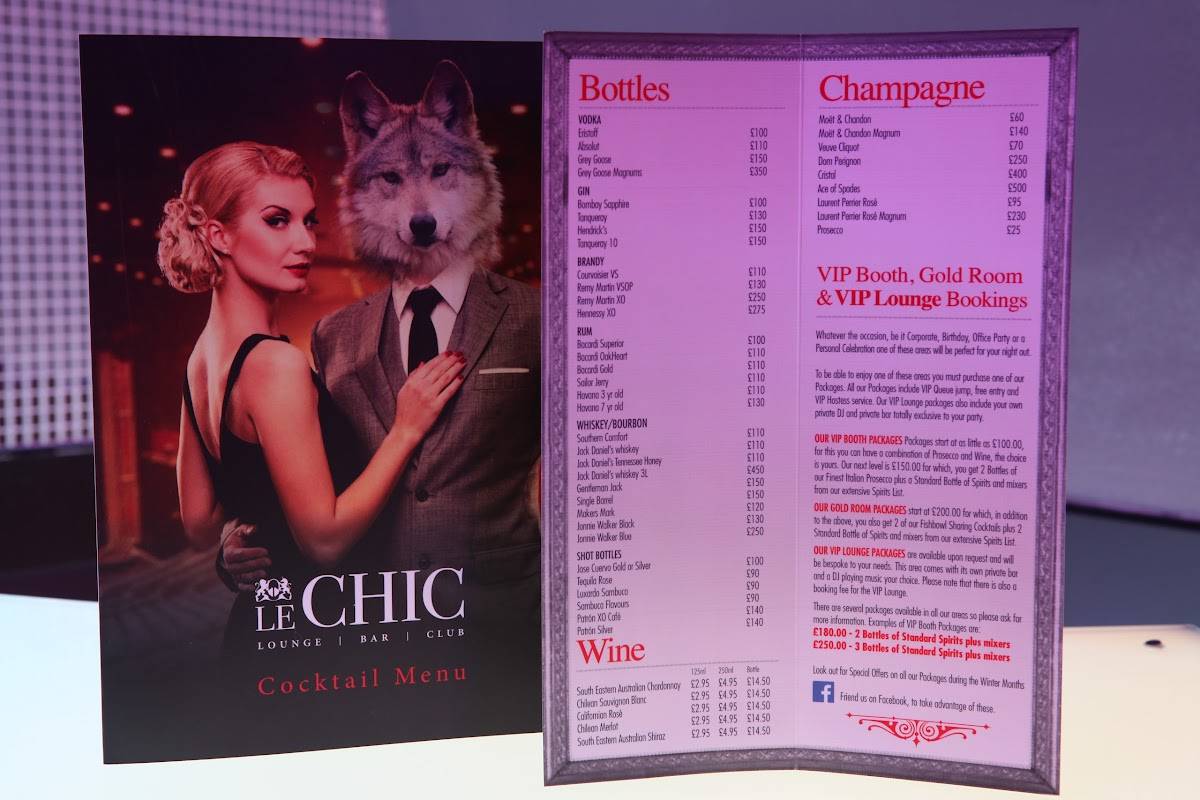 Carta del pub y bar Le Chic, Bournemouth