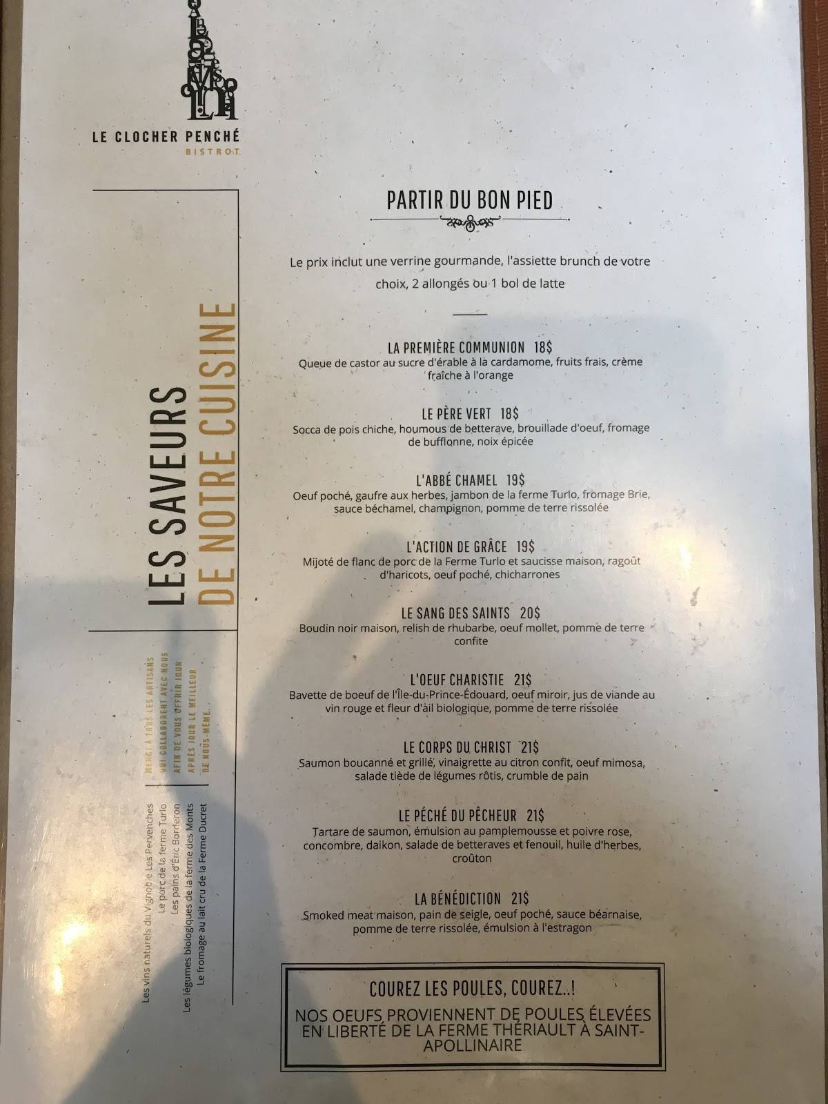 Menu au Le Clocher Penché restaurant, Québec