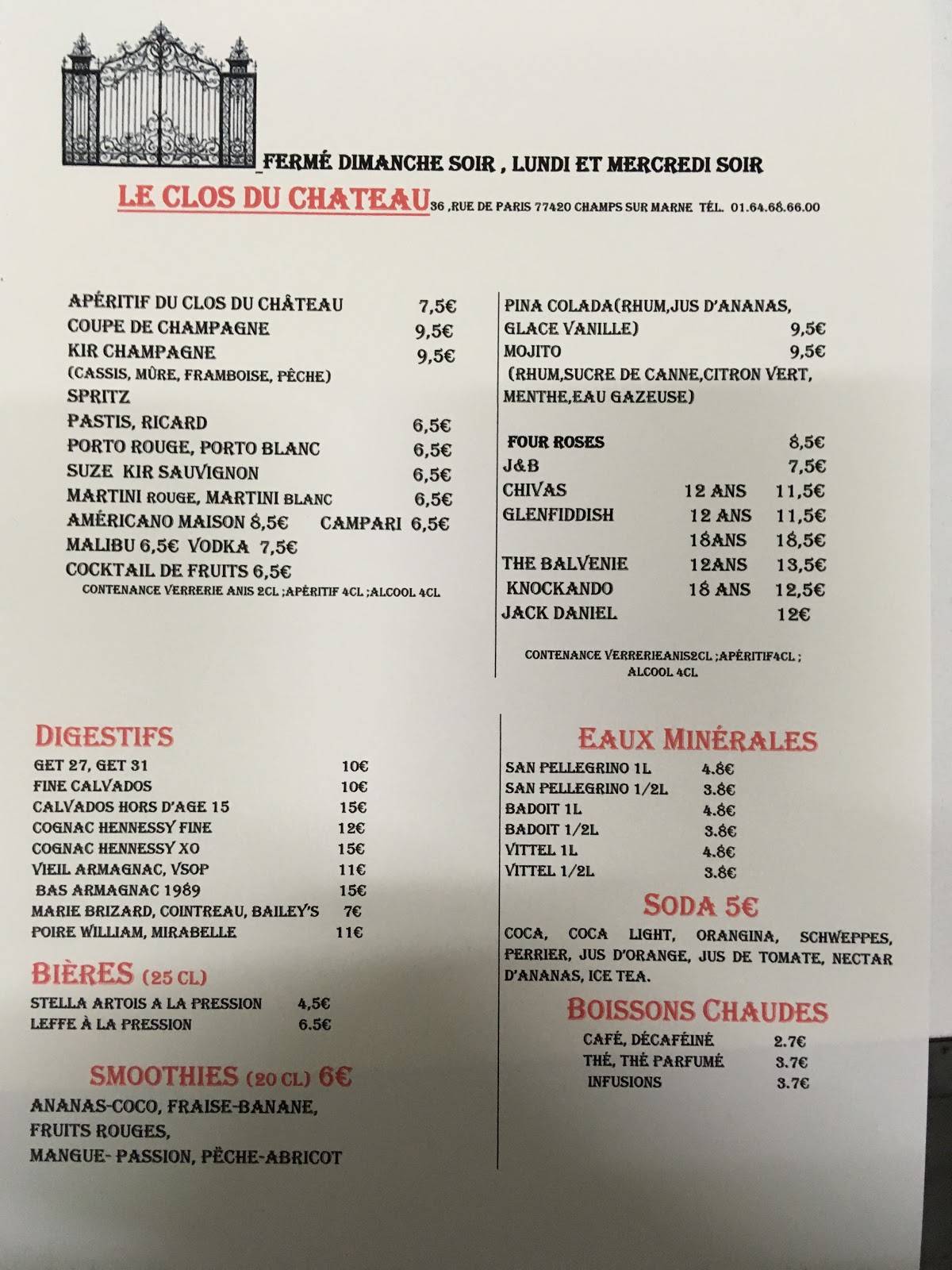 Carta del restaurante Le Clos du château, Champs-sur-Marne