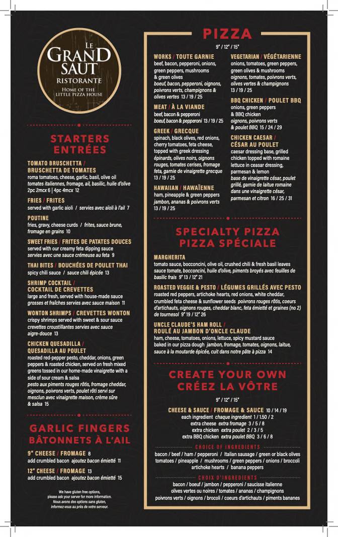 Menu au Le Grand Saut pizzeria, Grand-Sault