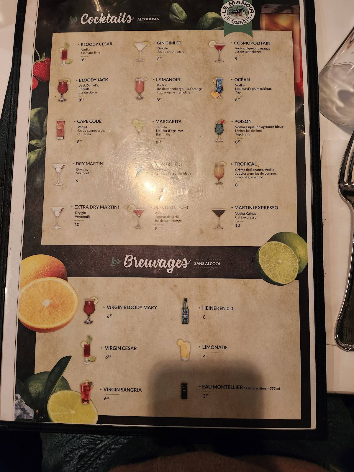 Menu au Le Manoir du Spaghetti pizzeria, Trois-Rivières