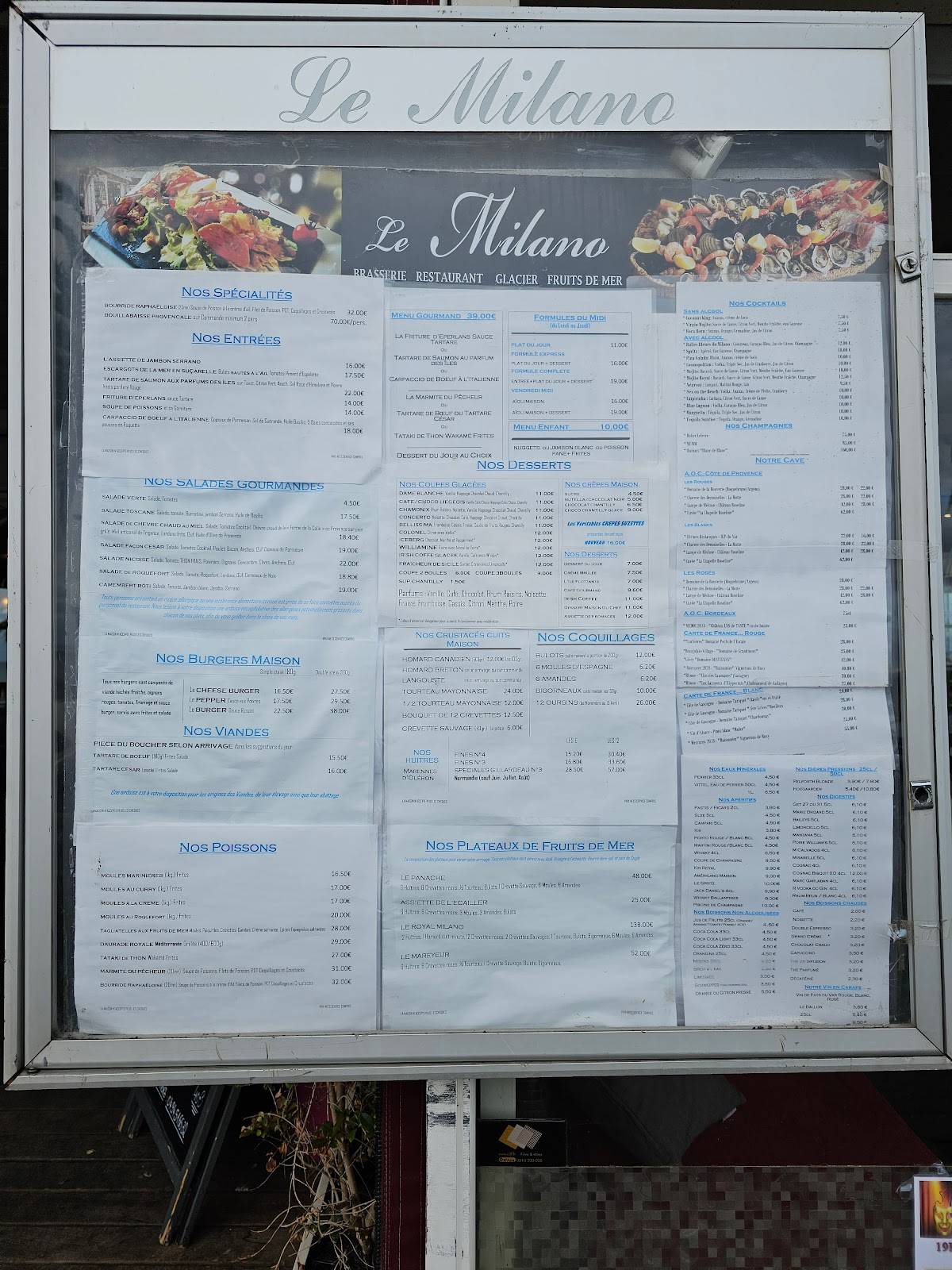 Menu au Le Milano restaurant, Fréjus