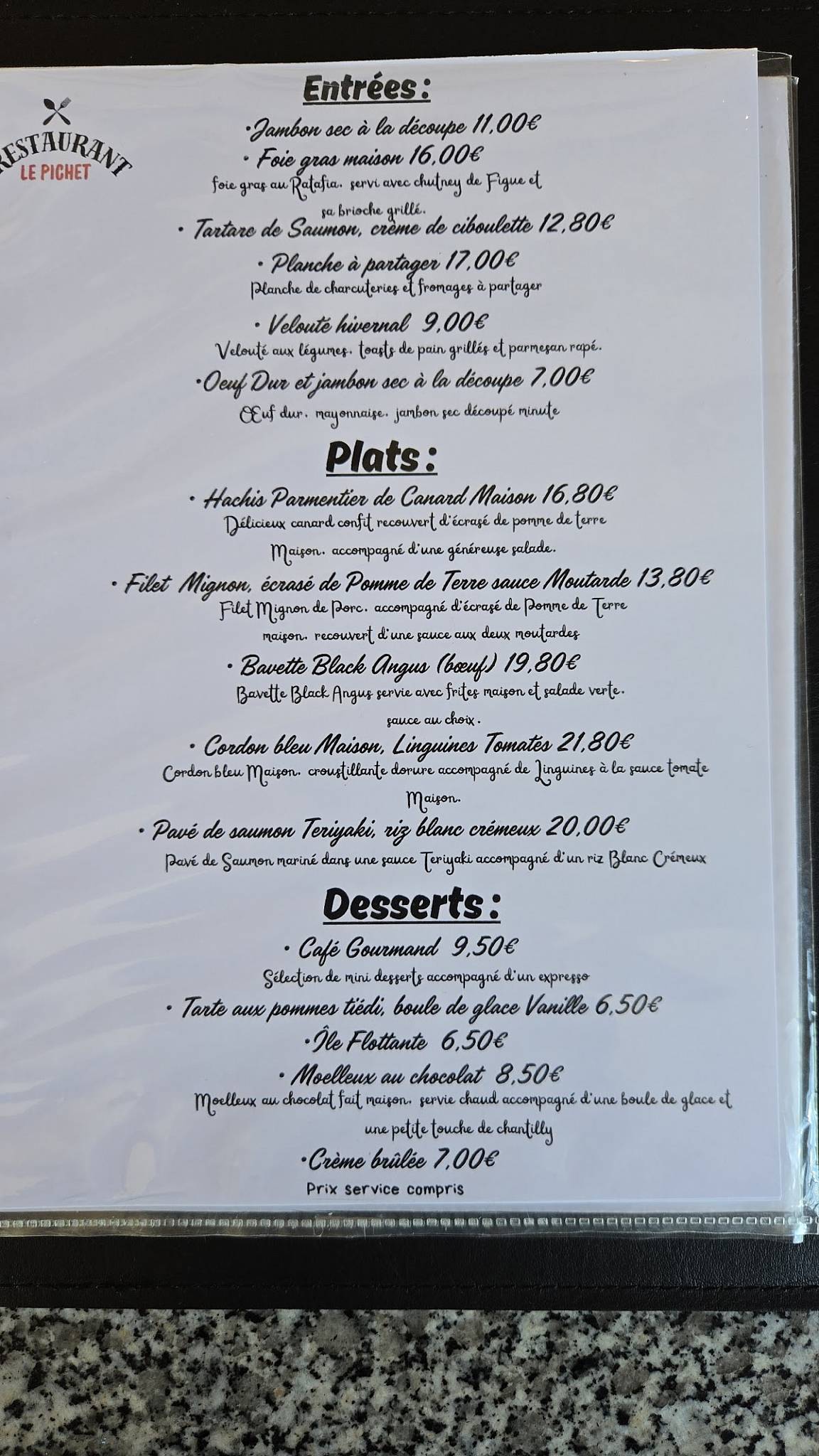 Carta del restaurante Le Pichet, Les Ayvelles
