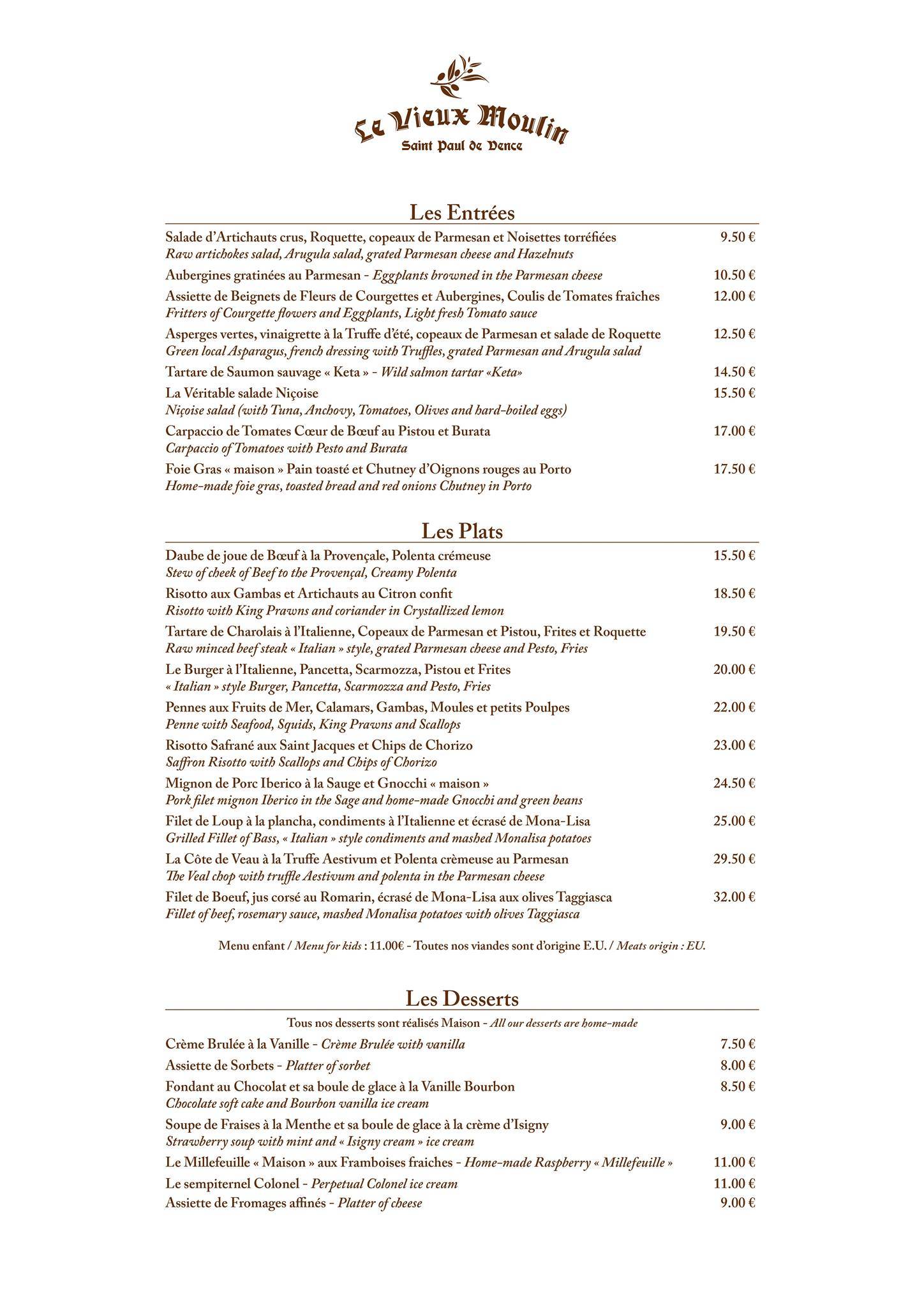 Menu at Le Vieux Moulin restaurant, Saint Paul de Vence, 10 Rte de Vence