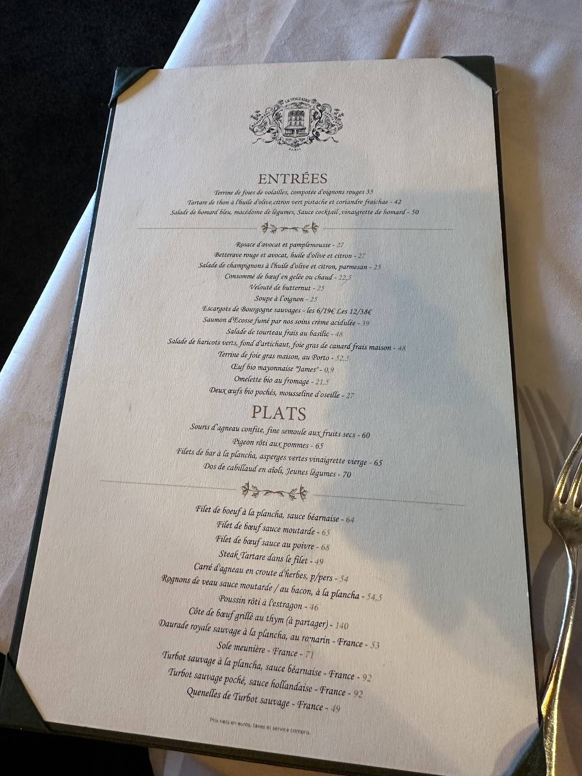 Menu at Le Voltaire restaurant, Paris, 27 Quai Voltaire