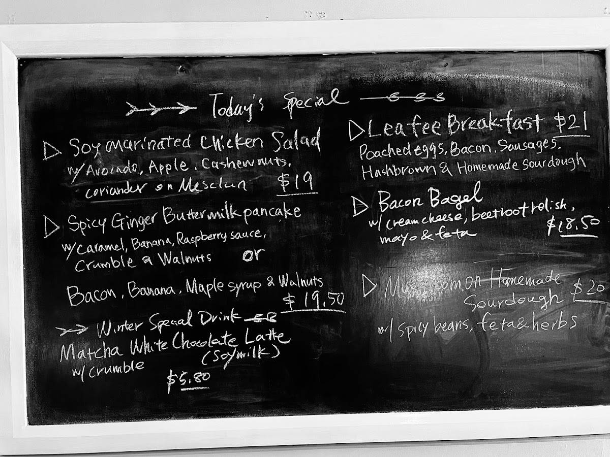 Menu at Leafee Cafe, Wellington