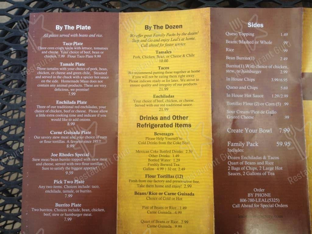 Menu at Leal's Tamale Factory restaurant, Lubbock