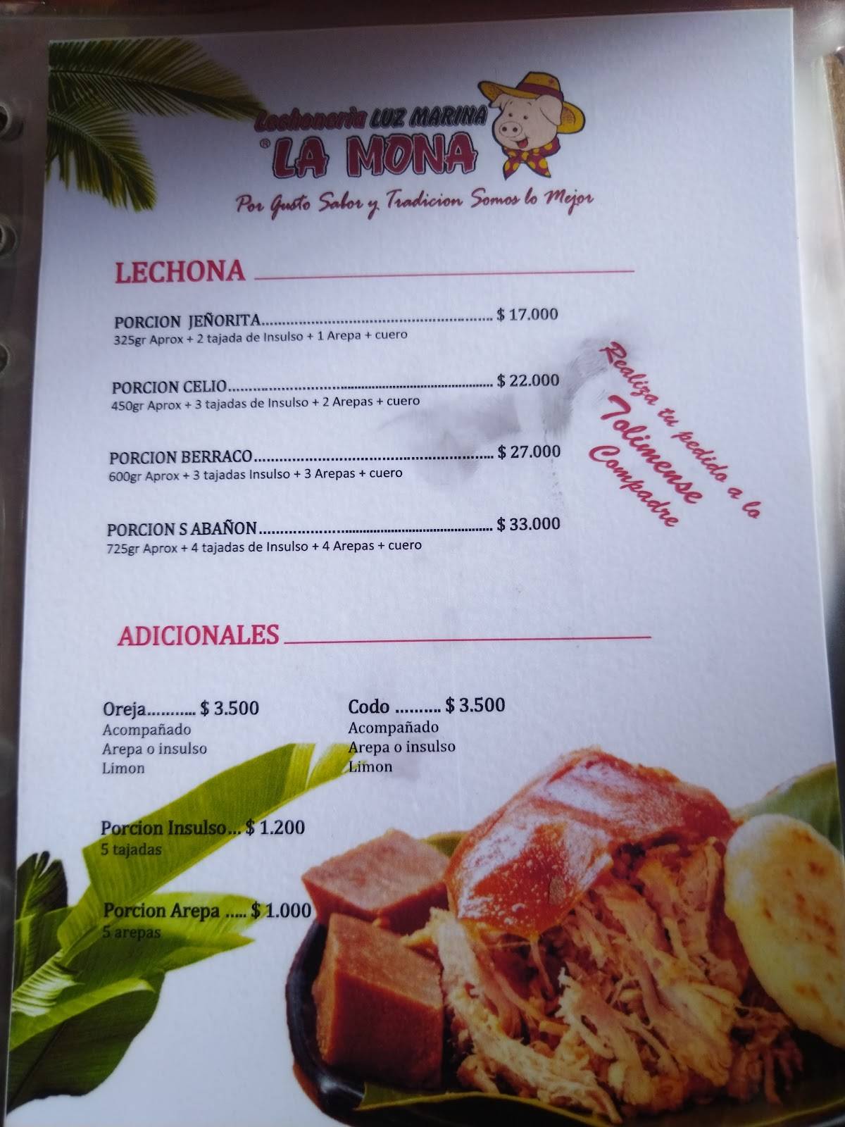 Menu at Lechoneria Luz Marina La Mona,. Sede principal restaurant, Espinal