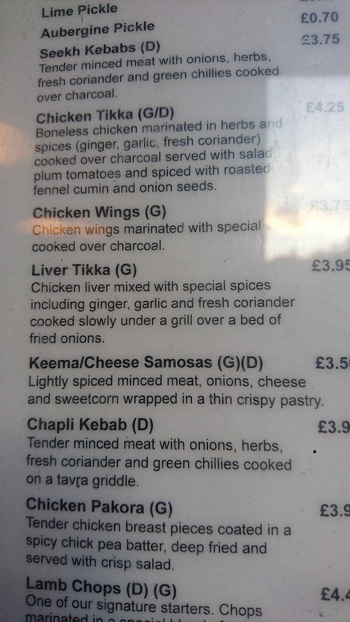 Menu at Akbar's Restaurant, Leeds, 15 Eastgate
