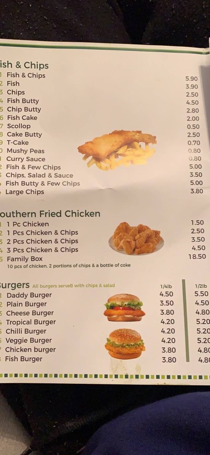 Menu at Leeds Road Fisheries fast food, Bradford, 802-804 Leeds Rd