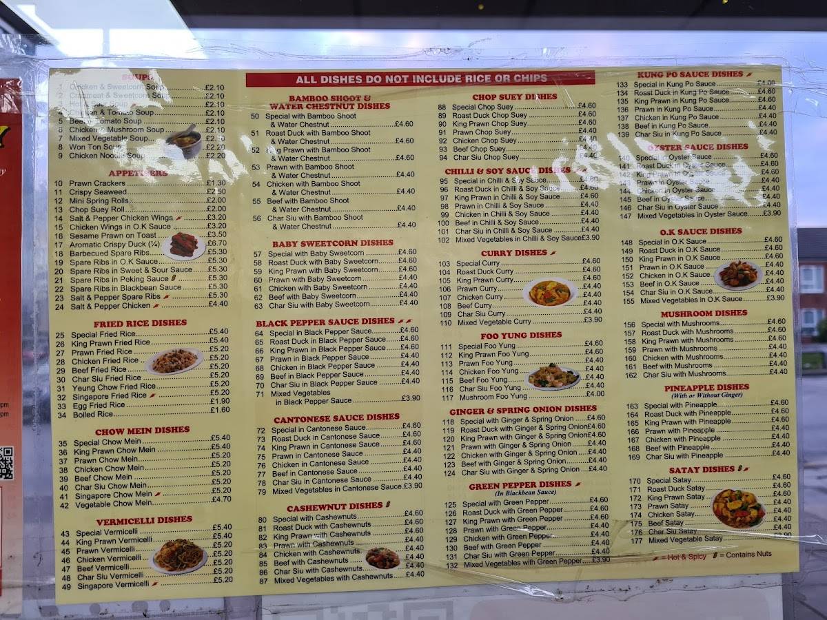 Menu at Lee's Chippy fast food, Manchester