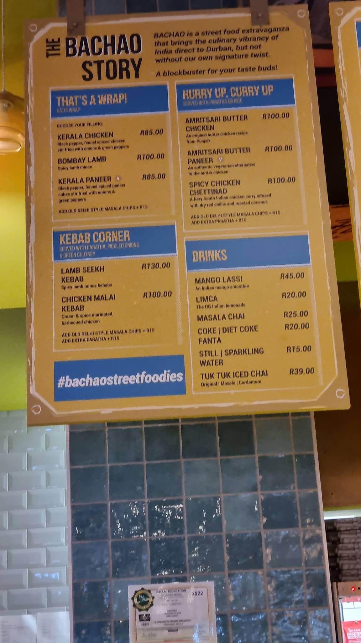 Menu at Legacy Yard restaurant, Umhlanga