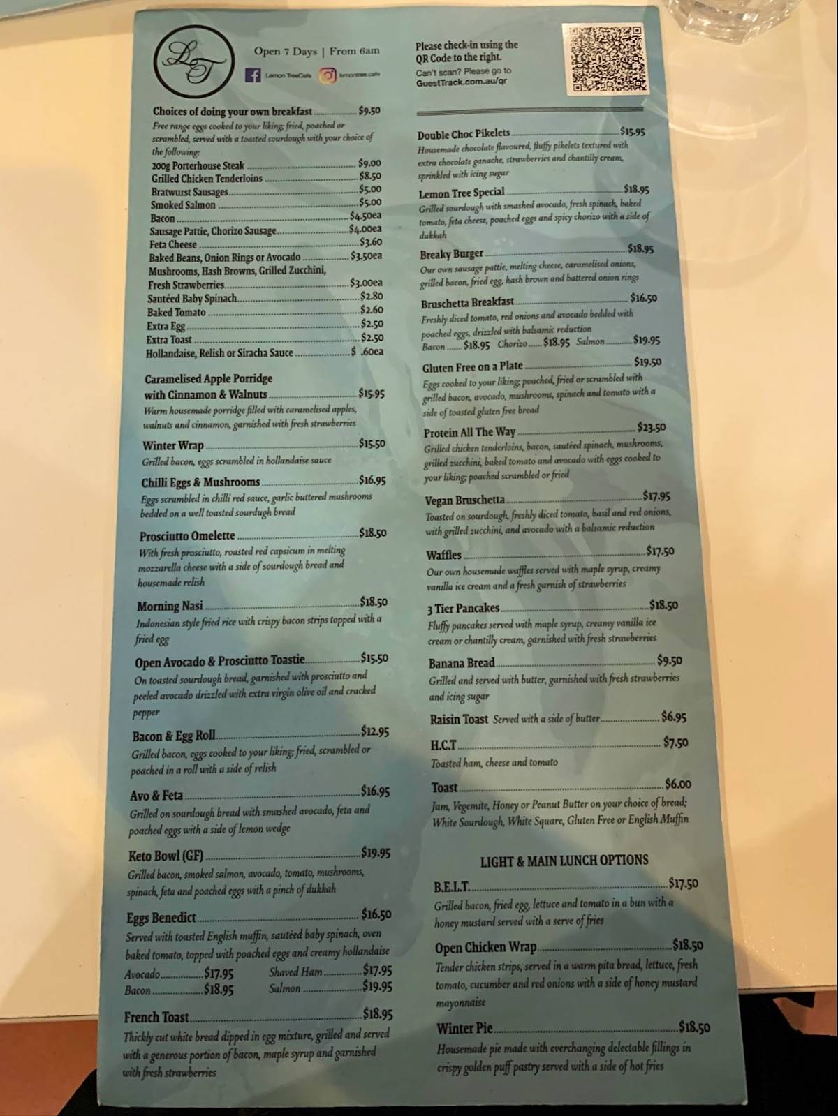 Menu at Lemon Tree Cafe, Shepparton