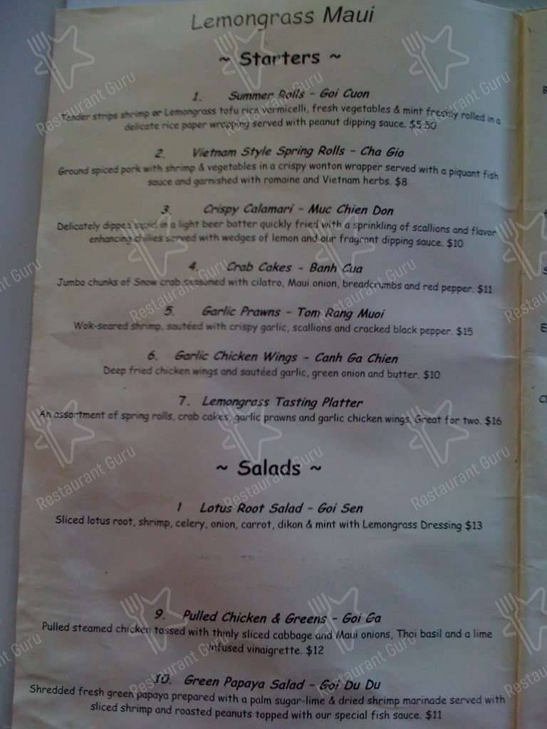 Menu at Lemongrass Maui restaurant, Kahului