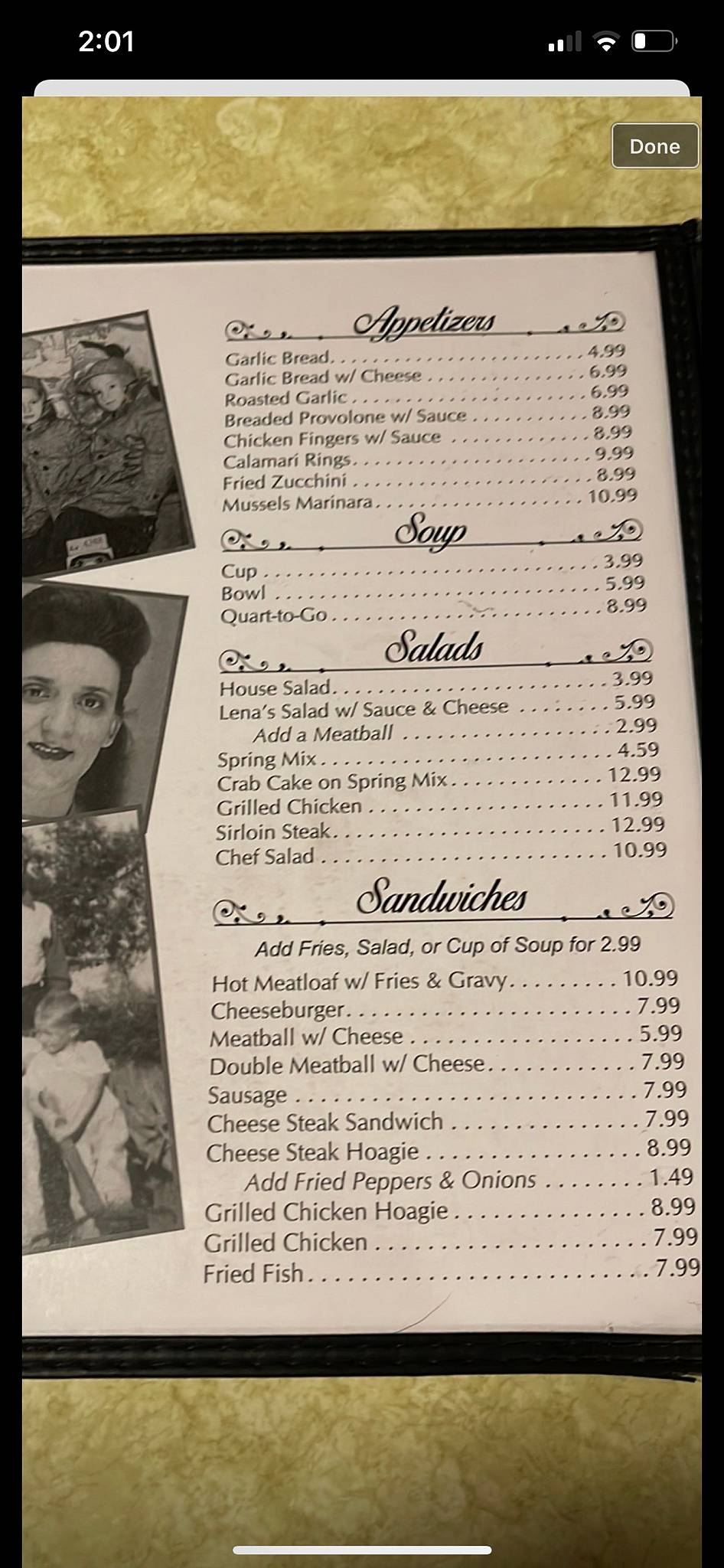 Menu at Lena's Cafe, Altoona