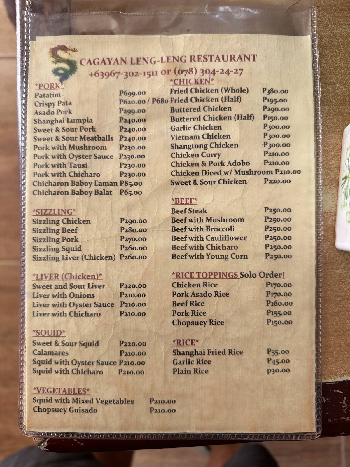 Menu at Leng Leng's restaurant, Tuguegarao City