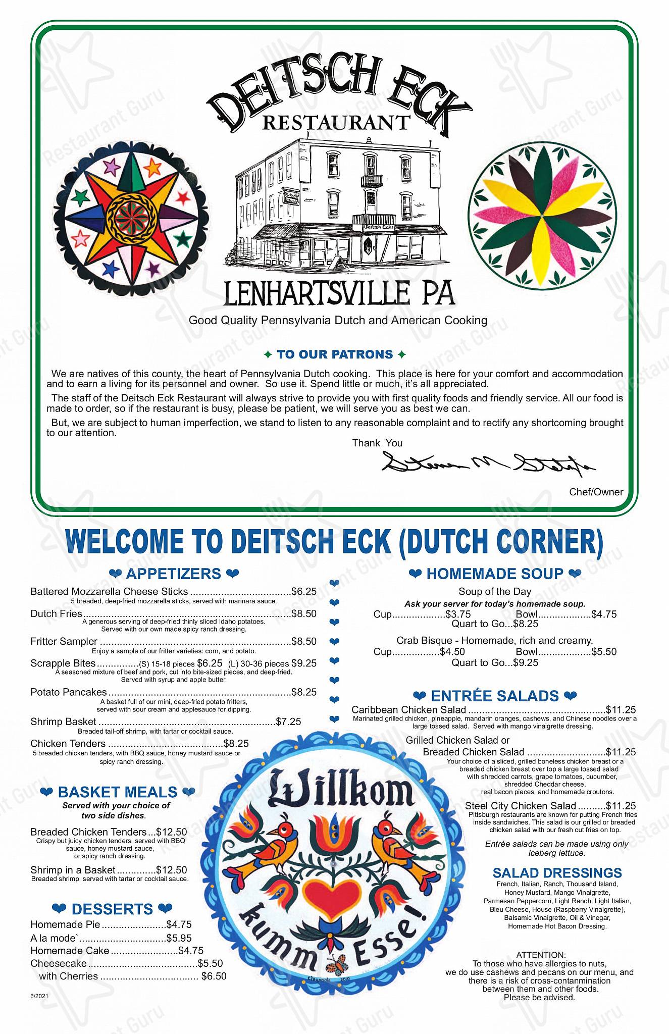 Menu at Deitsch Eck Restaurant, Lenhartsville