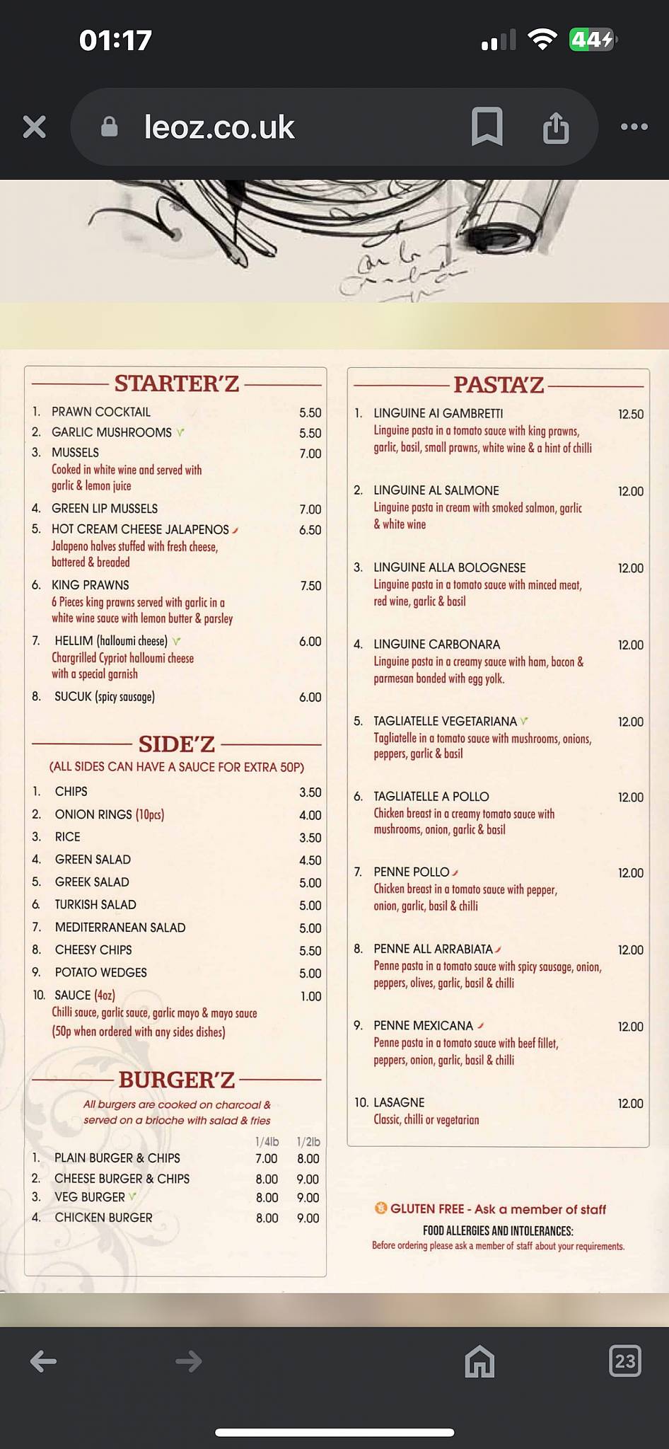 Menu at Leo'z restaurant, Bridlington
