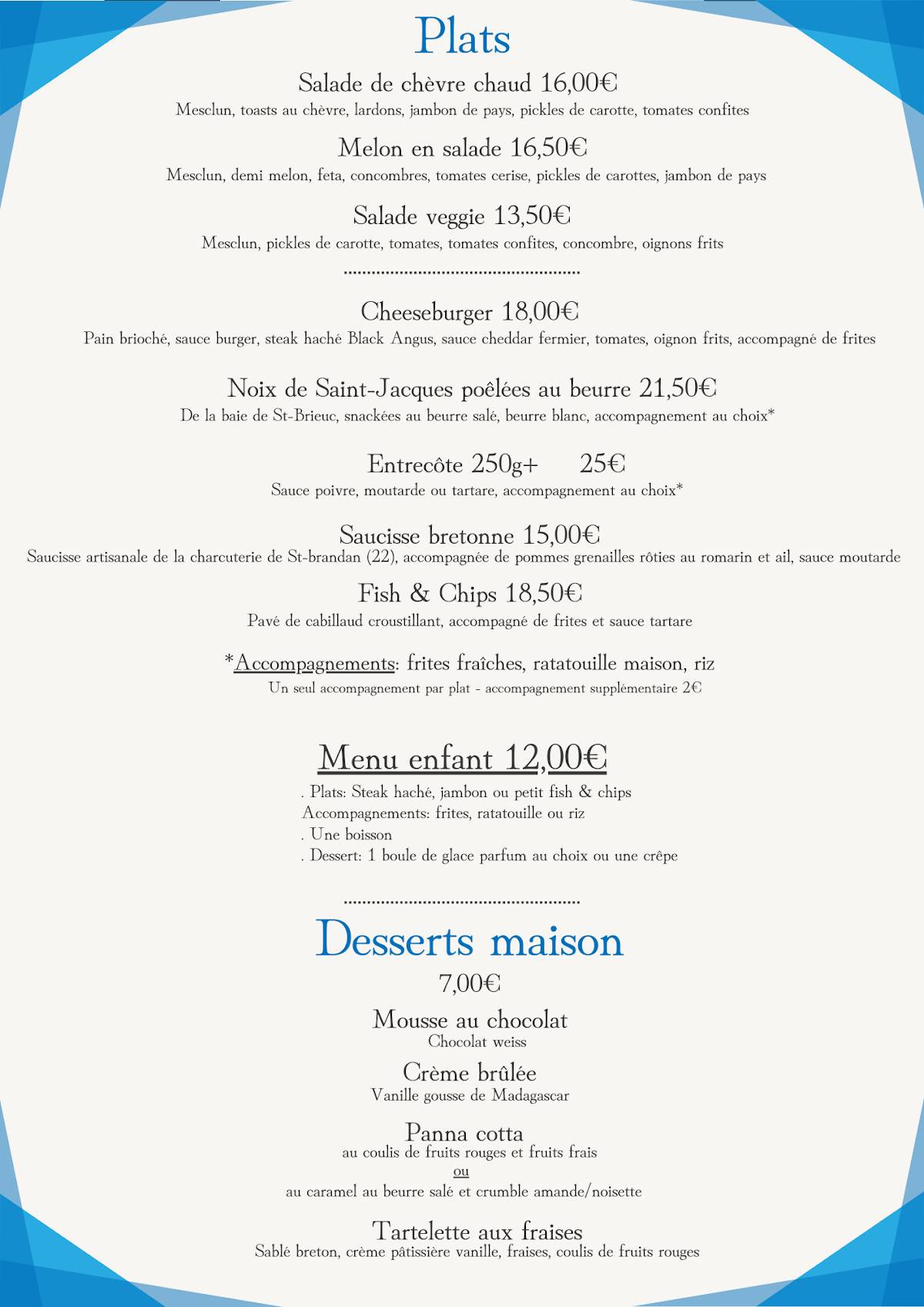 Menu au Les Bains restaurant, Pléneuf-Val-André