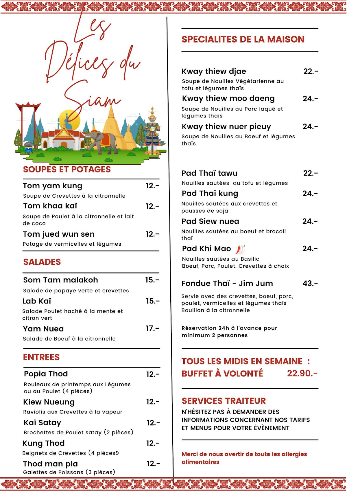 Menu au Les Délices du Siam, Renens, Av. de la Gare 1
