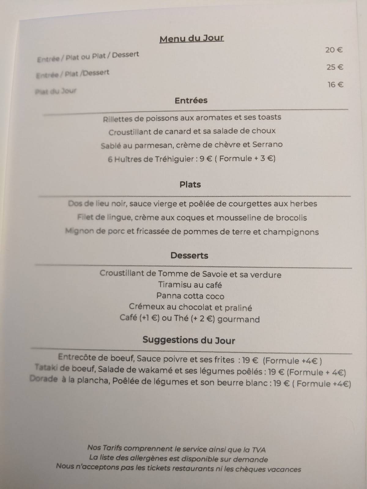 Menu au Les Pieds dans L'eau restaurant, Thonon-les-Bains, Anthy-sur-Leman