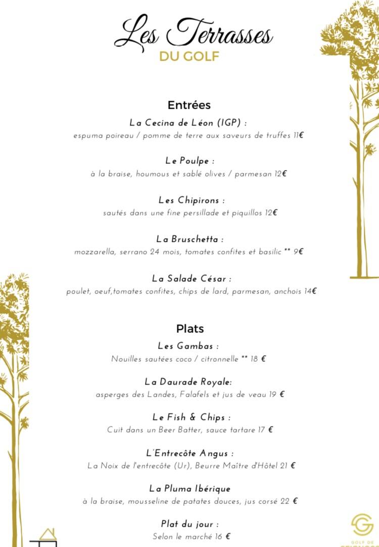 Menu au Les Terrasses Golf de Seignosse restaurant, Seignosse