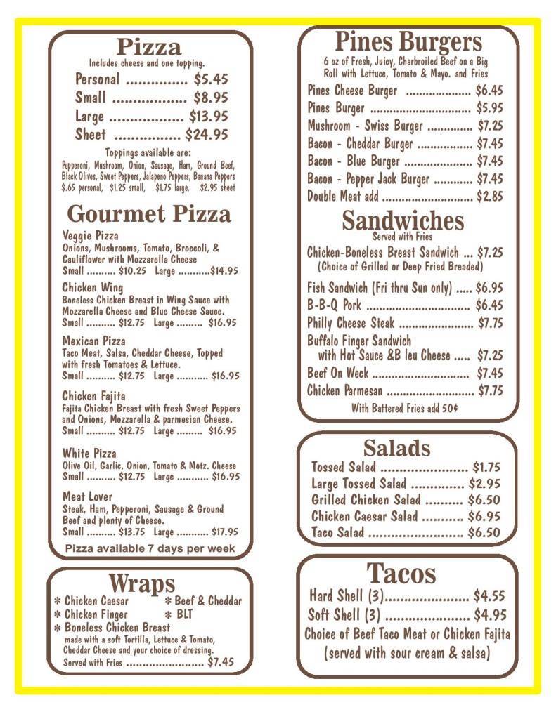 Menu at Letchworth Pines pub & bar, Portageville, State Route 19a