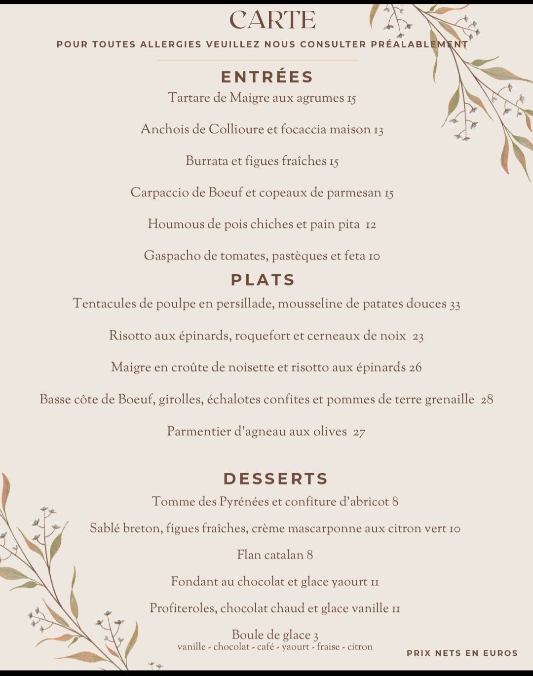 Menu at Terracotta restaurant, Leucate