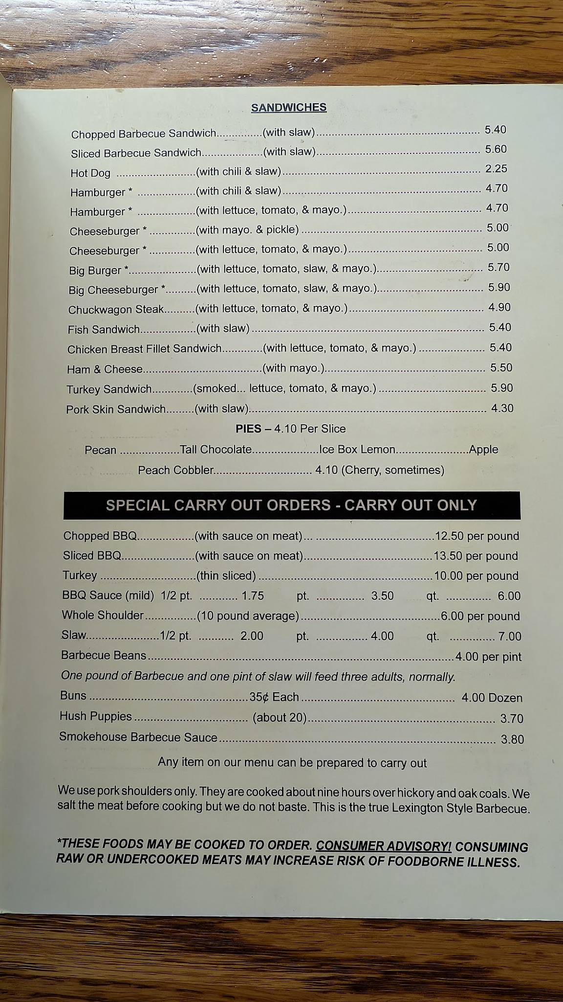 Menu at Lexington Barbecue, Lexington, 100 Smokehouse Ln