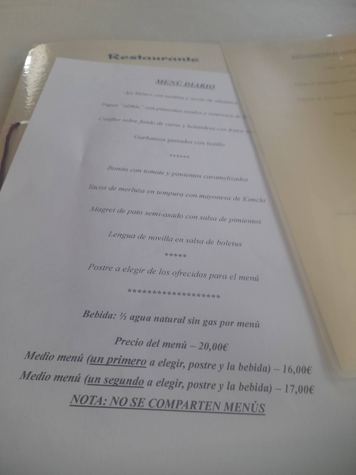 Carta del restaurante El Ojo Del Ábrego, Liérganes