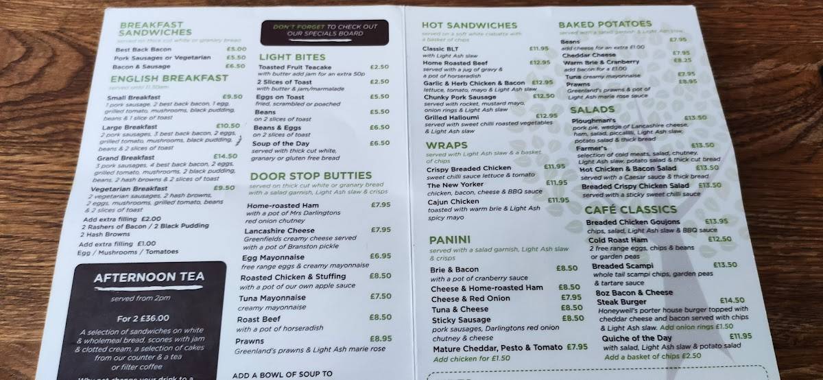 Menu at Light Ash Farm Shop and Cafe, Myerscough and Bilsborrow