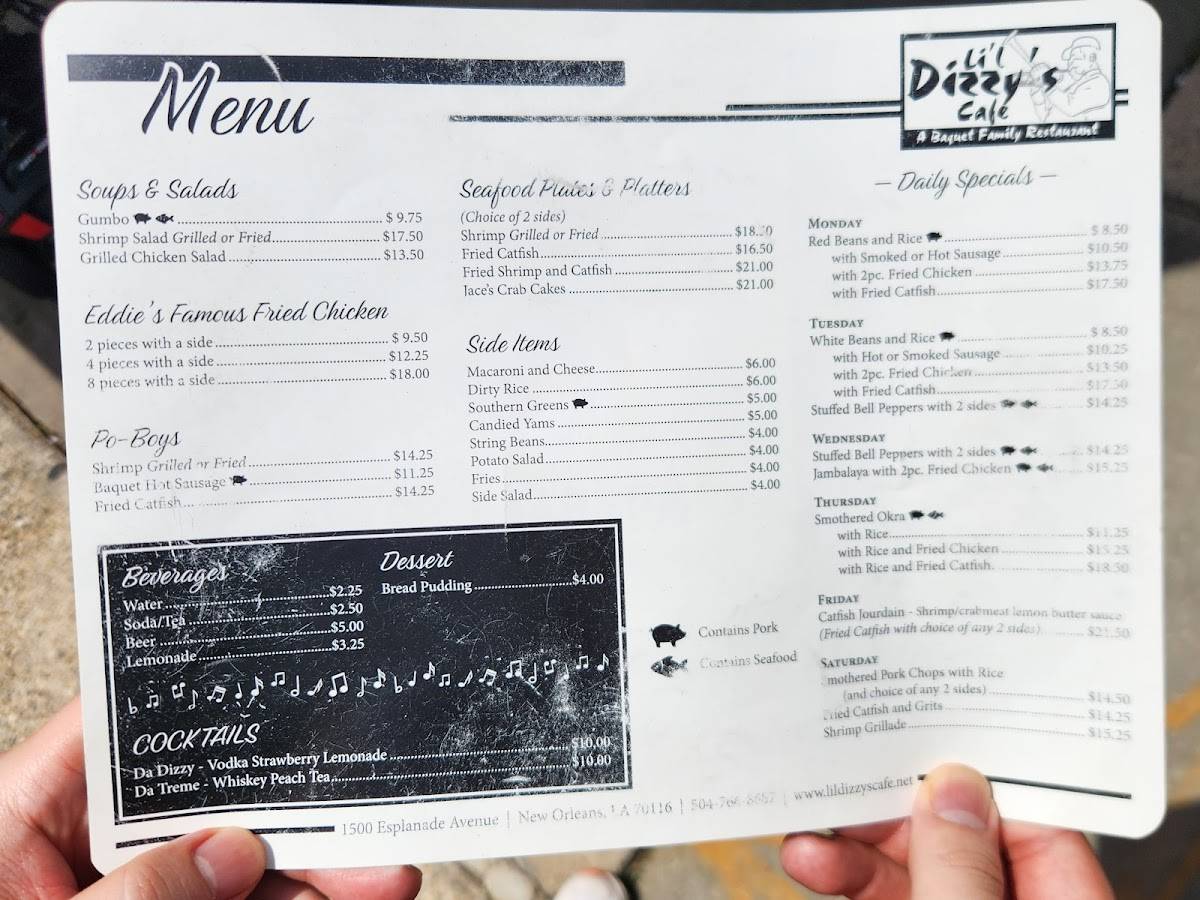 Menu at Li'l Dizzy's Cafe, New Orleans