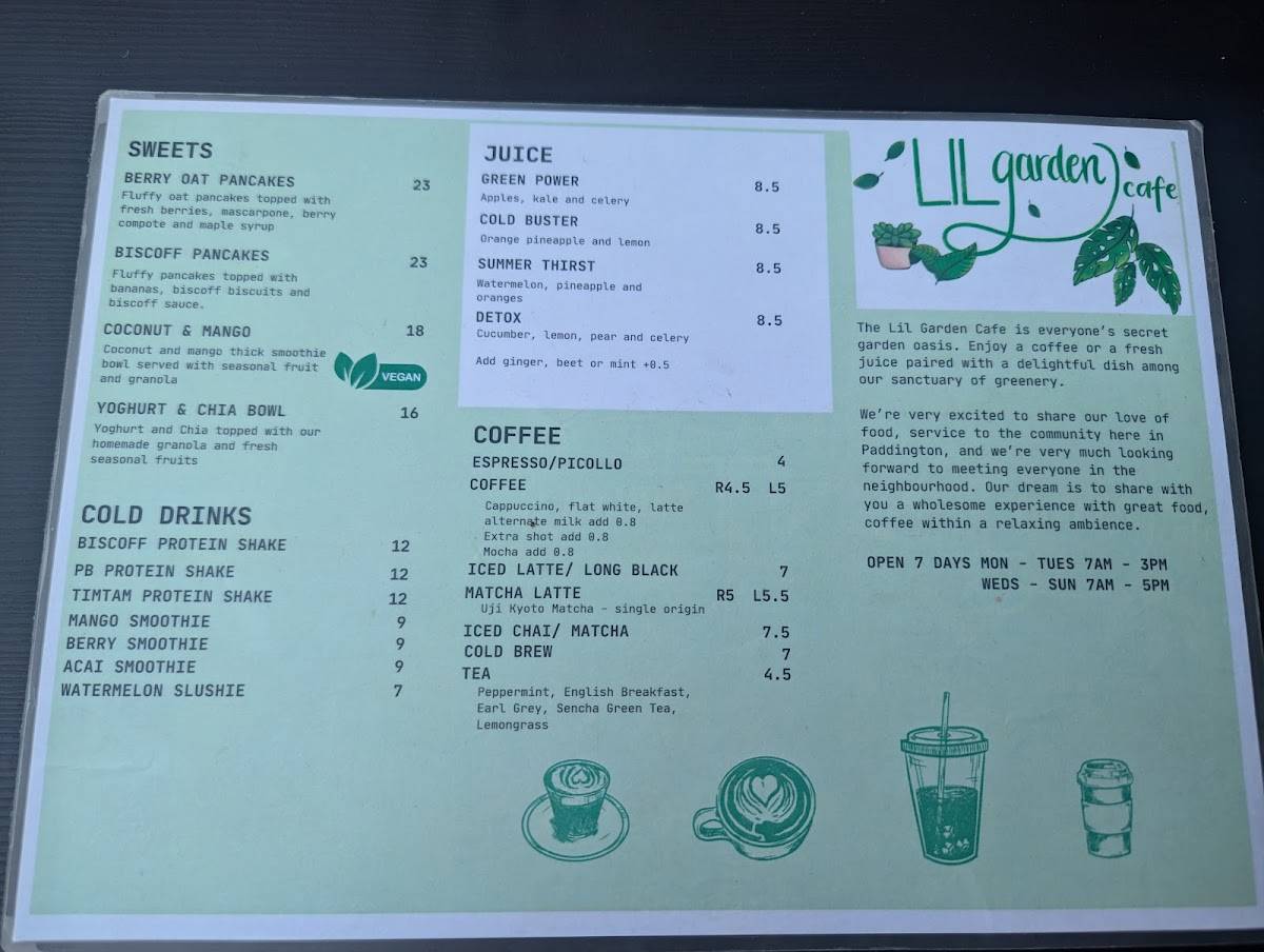 Menu at Lil Garden Cafe, Paddington