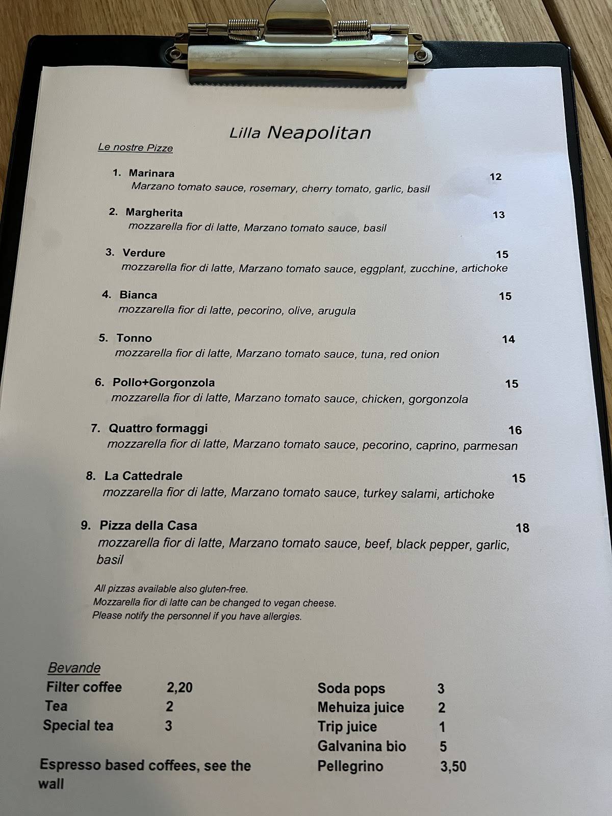 Menu at Lilla Neapolitan restaurant, Turku