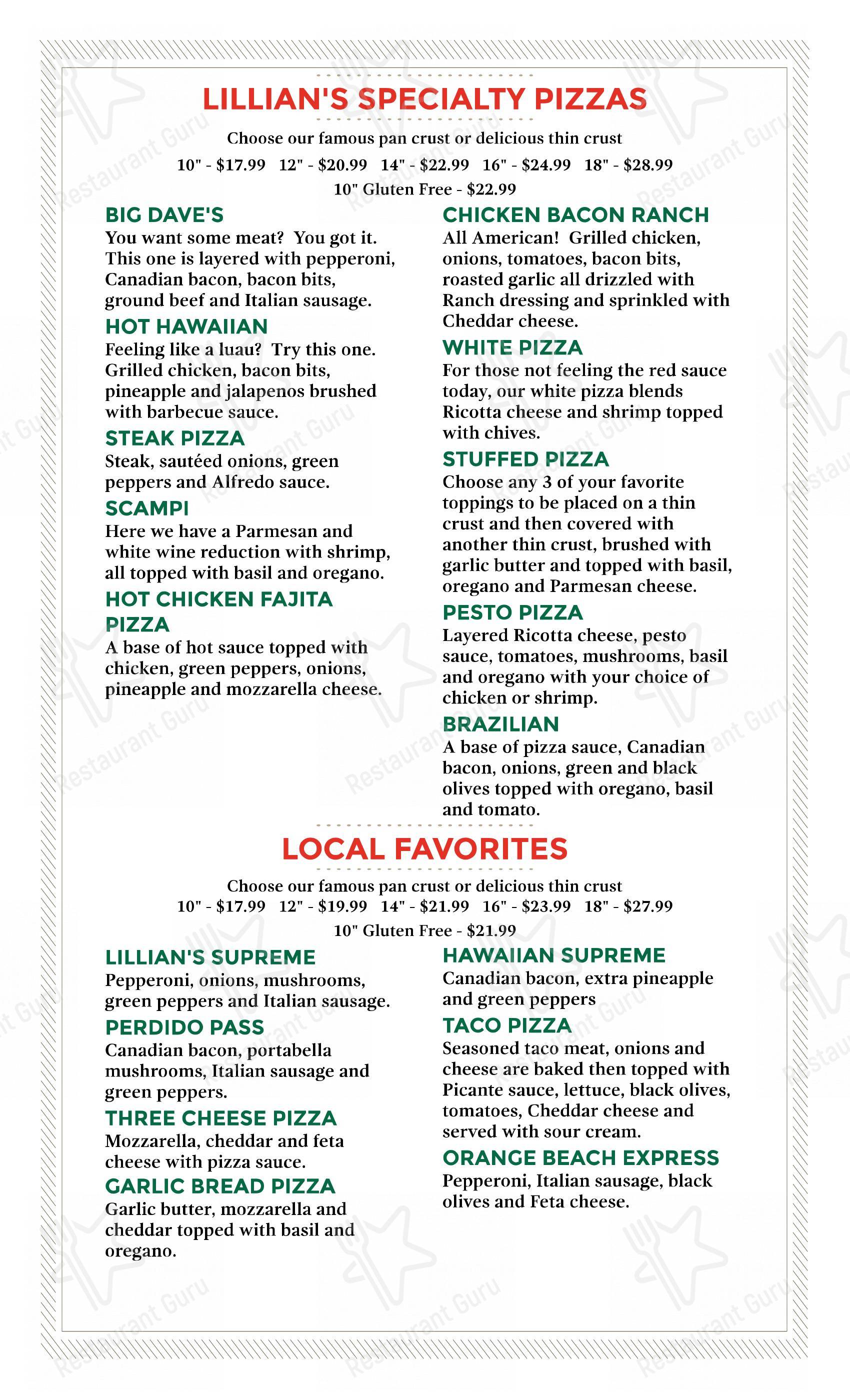 Menu at Lillian’s Pan Pizza restaurant, Perdido Key